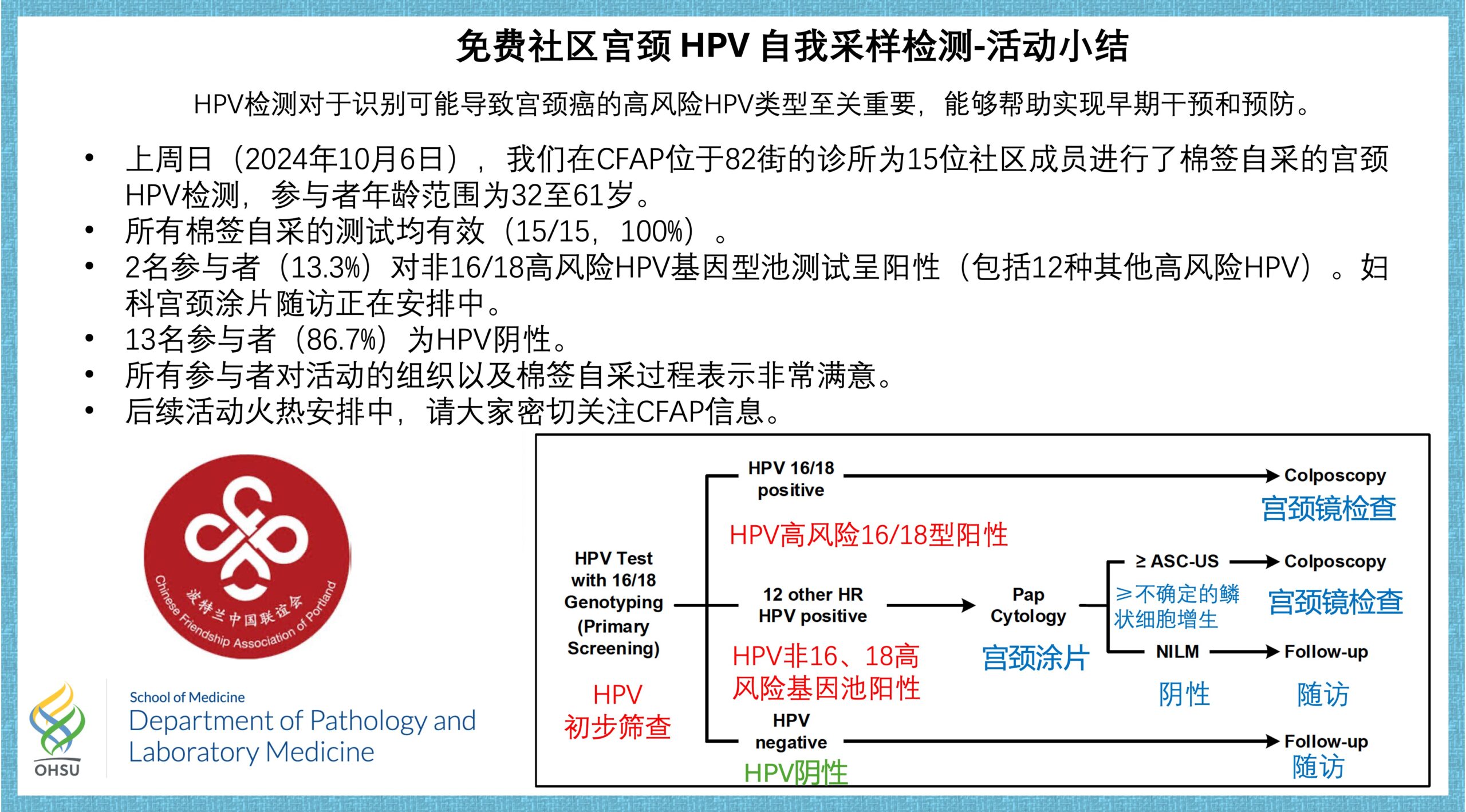 社区免费宫颈 HPV 自我采样检测-活动小结 （10月6日） - Chinese Friendship Association of Portland